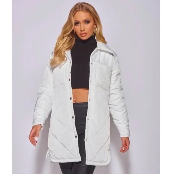 Jackets & Coats | White Quilted Long Sleeve Collared Padded Coat | Poshmark
